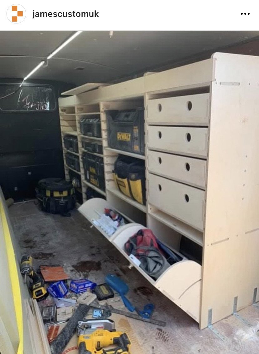 Long Wheelbase Dewalt Tough System Wooden Van Racking – Custom Solutions UK